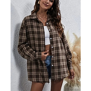 Oulivey Plaid Flannel Shirts for Women Oversized Button Down Long Sleeve Buffalo Shirts Blouse Tops(0003-Coffee-S)