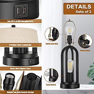 Touch Bedside Table Lamps with Rotary Switch Set of 2, 3-Way Dimmable Bedroom Living Room Lamps with USB Charging Ports, Industrial Nightstand Lamp with Fabric Lampshade for Reading, Bulbs Included