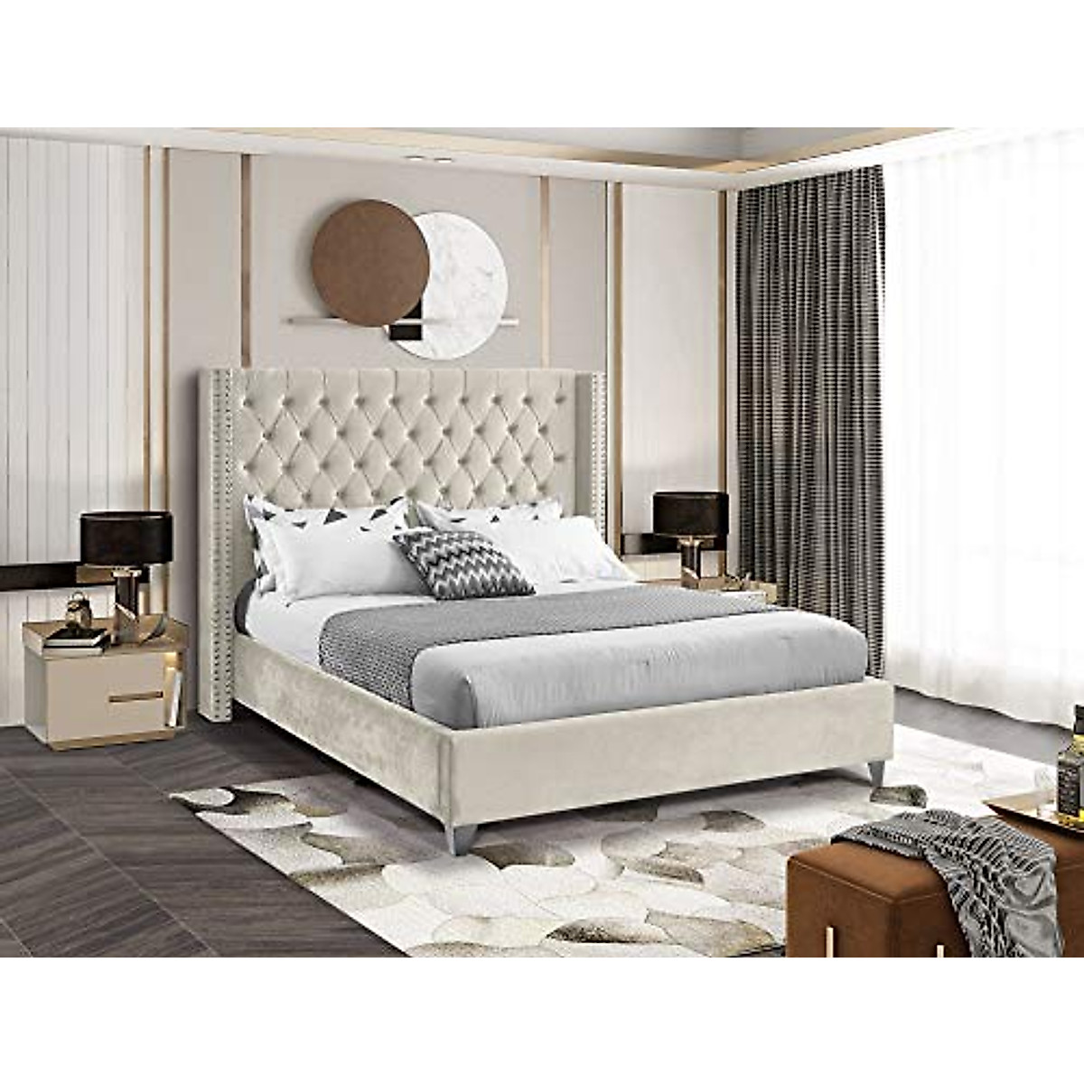 Meridian Furniture Aiden Collection Modern | Contemporary Velvet Upholstered Bed with Deep Button Tufting, Solid Wood Frame, and Custom Chrome Legs, Full, Cream