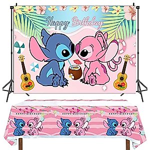Pink Cartoon Themed Backdrop with Tablecloth 70x42in for Girls Family Birthday Party Decorations Supplies 6x4ft