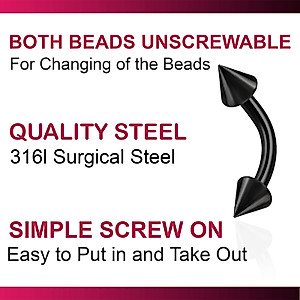 bodyjewellery 6pcs 16g Curved Barbell Cartilage Lip Tragus Eyebrow Forward Helix Conch Daith Earring Black Vertical Labret Spike - 10mm