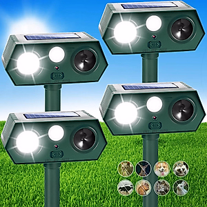 4 Pack Solar Animal Repeller Ultrasonic Animal Repellent Waterproof Outdoor Cat Deterrrent to Keep Cat Deer Raccoon Rabbit Skunk Dog Out of Yard, Deer Repeller with Motion Sensor Flash Light for Lawn