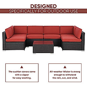 SUNCROWN 7-Piece Outdoor Patio Furniture Sofa Set - All-Weather Wicker Sectional with Washable Cushions and Modern Glass Coffee Table - Red