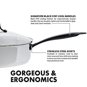 GRANDTIES Tri-Ply Stainless Steel Saute pan Induction Cookware – 5 QT 12 Inch Capsule Bottom Stainless Steel Pan, Marquina Black Metal Handle Kitchen Cooking Pan with Lid, Dishwasher Safe Pot & Pan