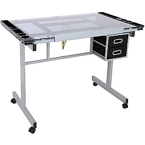 HomGarden Height Adjustable Drawing Desk Glass Top Rolling Drafting Table Art Craft Draft Station Home Office Workstation w/Drawers and Wheels