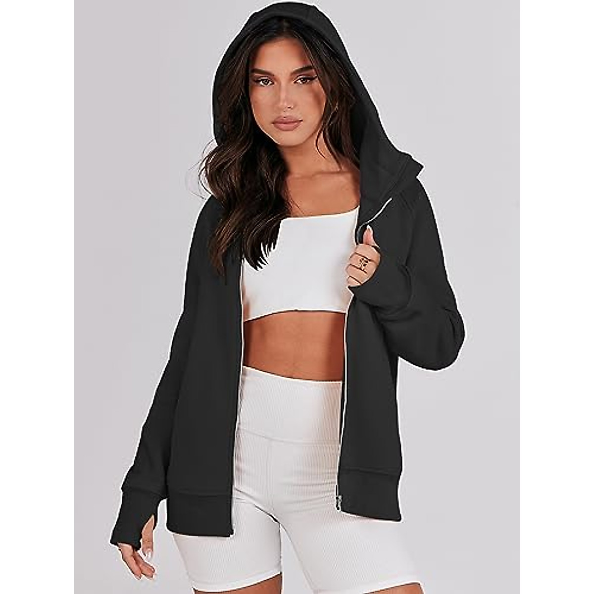 ANRABESS Women's Hoodies 2023 Fall Jacket Cropped Hooded Sweater Casual Long Sleeve Sweatshirts Full Zip Up Trendy Clothes Teen Girl Y2K Winter Cute Tops 1128heise-M Black