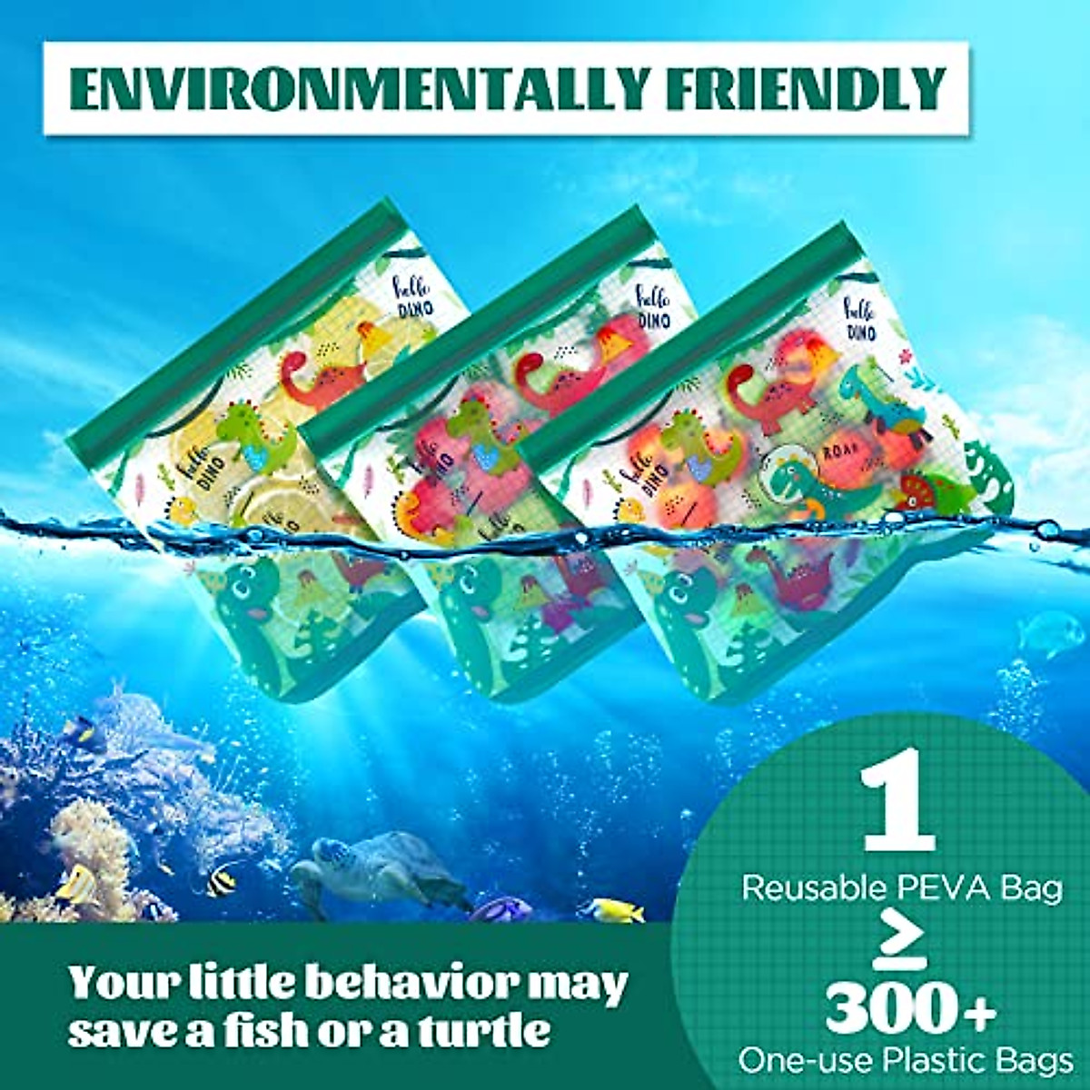 Rumia 12 Pack Reusable Food Storage Bags Dinosaur Silicone Sandwich Bags Snack Bags Leakproof Freezer Bags with Zipper Travel/Home Organization Waterproof Reusable Food Storage Bag