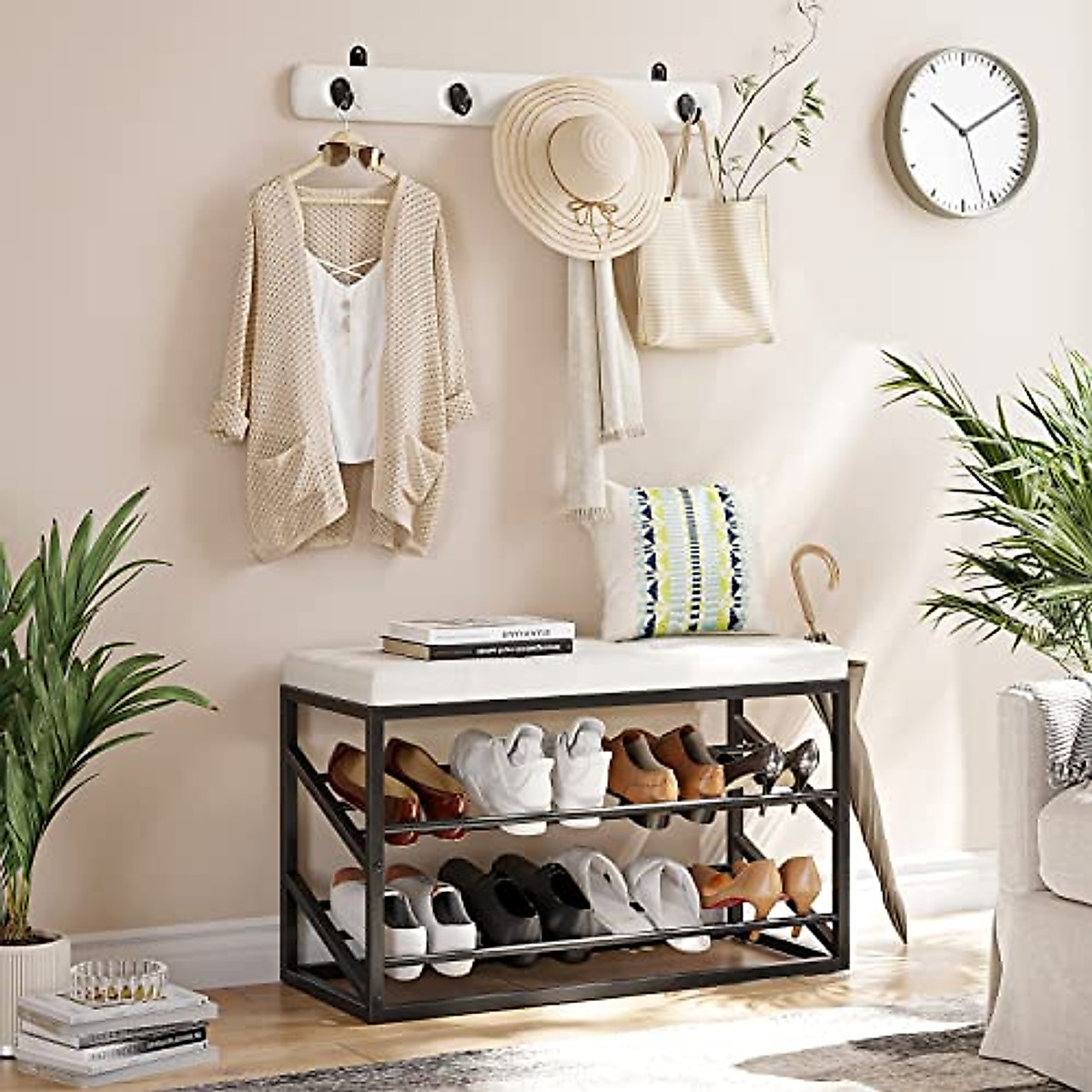 Entryway Bench with Shoe Storage for Living Room Shoe Rack Bench,Shoe Bench Entryway with Cushion,Adjustable-Height Shoe Bench with Storage,Storage Bench Entryway Shoe Rack Bench Featuring Coat Rack