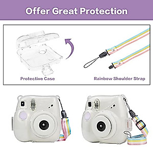 MOSISO Protective Case Compatible with Fujifilm Instax Mini 7+ Instant Camera, Hard Shell Camera Case Cover with Adjustable Rainbow Shoulder Strap, Crystal Clear
