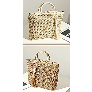 Straw Woven Handbag for Women Lightweight Casual Straw Crossbody Bag Purse Handmade Straw Tote with Tassel