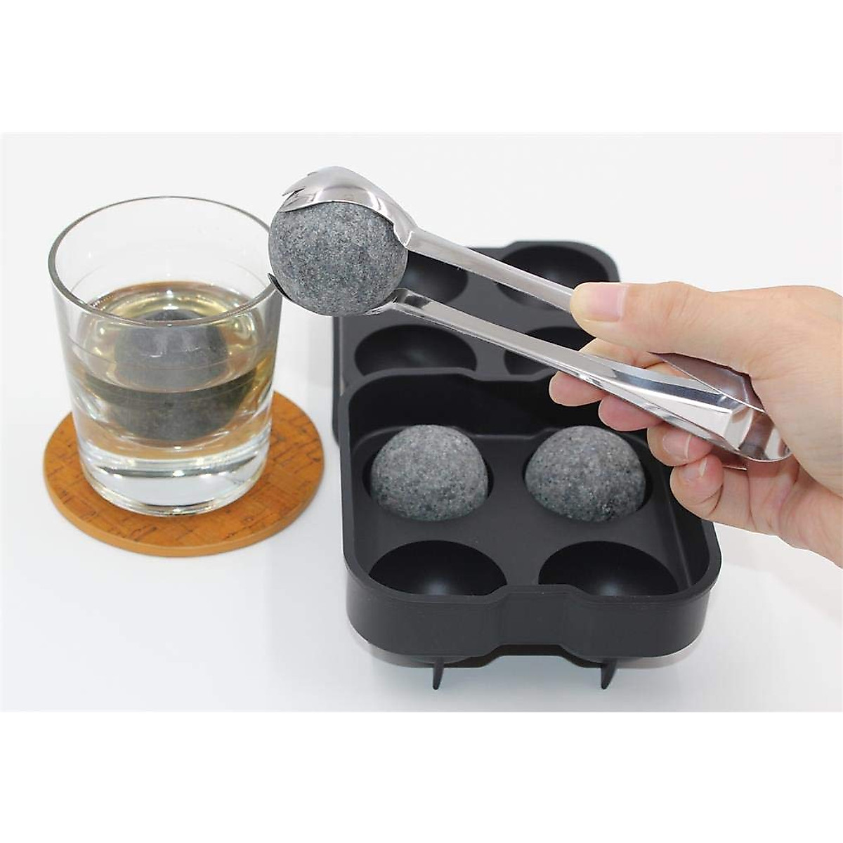 Whiskey Stones Set include 4 Large Sphere Granite Whiskey Rocks + Silicone Ice cube tray + Stainless Steel Tong. Large and Reusable whiskey stone could chill your Whiskey & Beverage longer