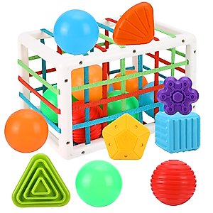 Augot Baby Shape Sorting Toys, Colorful Elastic Bands Sensory Shape Sorter Bins with Balls & Blocks, Early Learning Preschool Educational Baby Sensory Toys for 18 Months and Up Boy Girl Kids(12PCS)