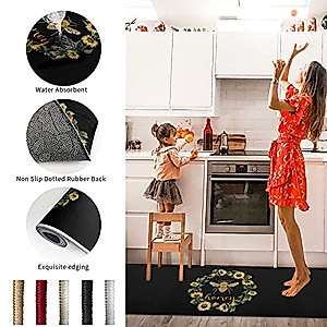 Queen Area 2 Pieces Kitchen Rugs and Mats Set Sunflower Garland Honey Bee Design on Black Background Non-Slip Kitchen Mats and Rugs for Kitchen, Floor Home, Office, Sink, Laundry