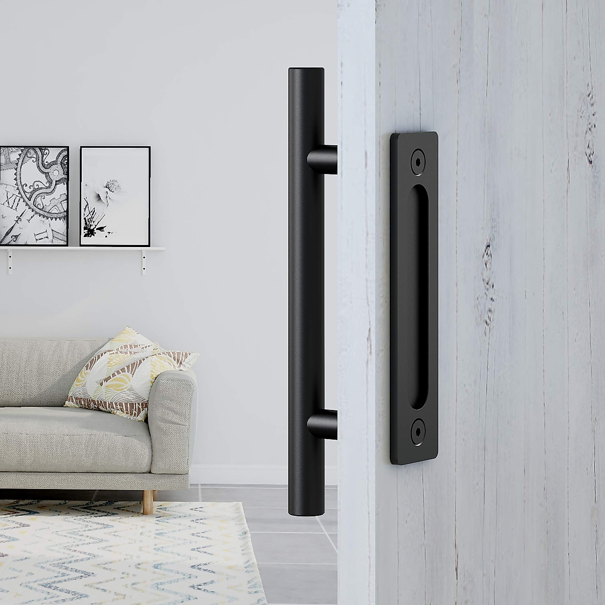 FaithLand 12" Heavy Duty Pull and Flush Door Handle Set in Black, Sliding Barn Door Handle - Fit Doors Up to 2 3/8''