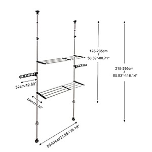 Hershii 2 Tier Over The Toilet Storage Rack Laundry Shelf Double Tension Poles Above Washer Dryer Organizer Unit Bathroom Space Saver Clothes Hanger Rods, Adjustable Height & Width - Black