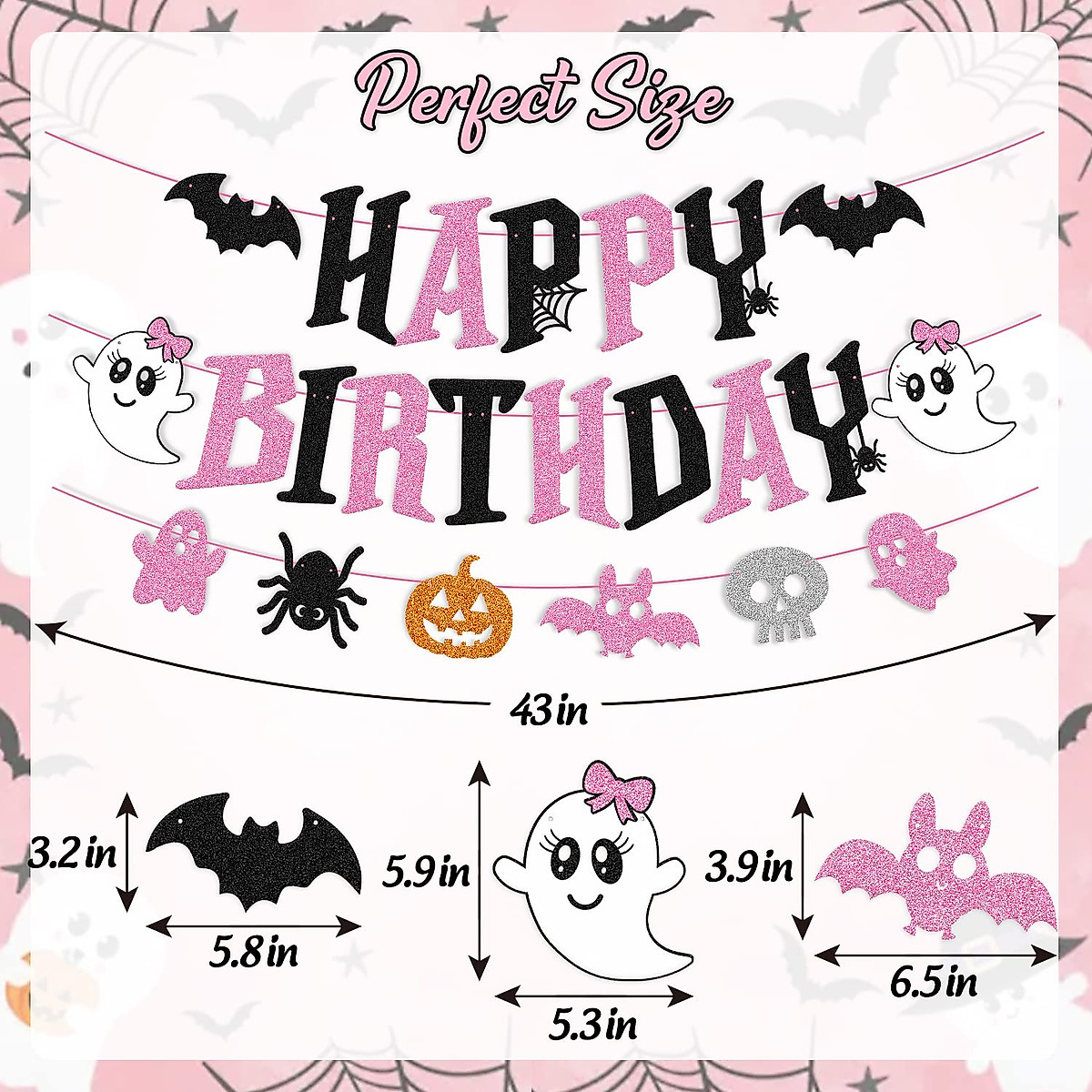 Halloween Happy Birthday Banner Hallows Bday Decoration Ghost Spider Bat Spooky Boo Horror Theme Halloween Eve Party Event Celebration Anniversary Decor for Girls Women Lady Glitter Black Pink