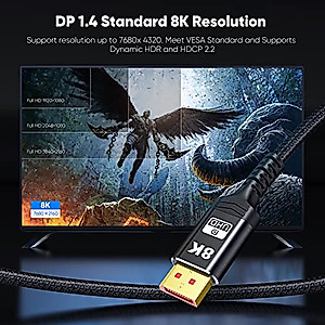 Capshi VESA Certified DisplayPort Cable 1.4, 8K DP Cable 10FT (8K@60Hz, 4K@144Hz, 2K@240Hz) HBR3 Support 32.4Gbps, HDCP 2.2, HDR10 FreeSync G-Sync for Gaming Monitor 3090 Graphics PC