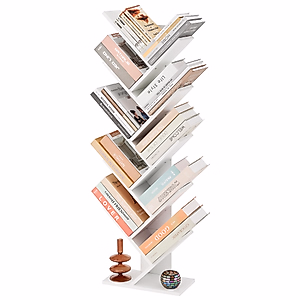 Hoctieon 10 Tier Tree Bookshelf, 10 Shelf Bookcase, Free Standing Tree Bookcase, Display Floor Standing Shelf for Books, Book Shelf Organizer, White