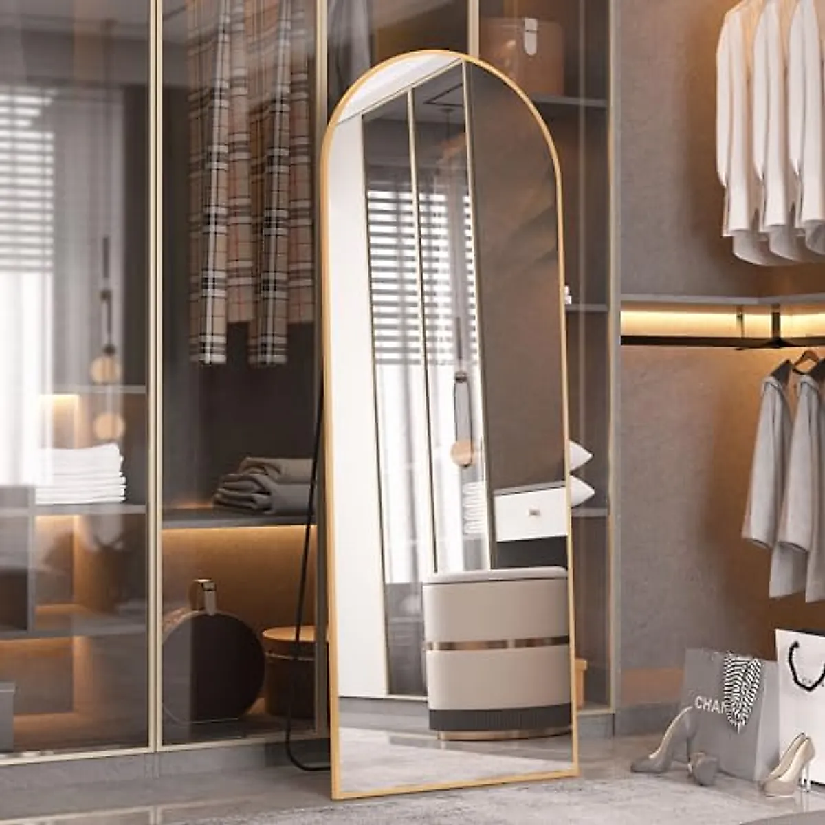 Poseerkey Arched Full Length Mirror 64" x 21", with Stand Large Floor Mirror, Full Body Mirror Standing Hanging or Leaning Against Wall Mirror for Bedroom, Living Room, Gold