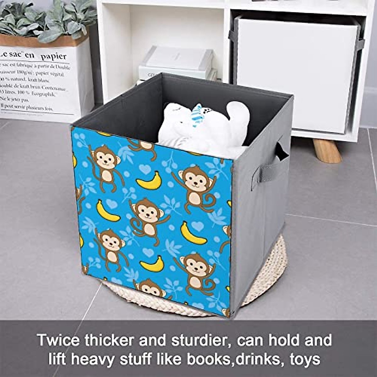 Monkeys and Bananas Canvas Collapsible Storage Bins Cube Organizer Baskets with Handles for Home Office Car