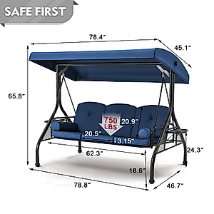 HOMREST 3 Seat Outdoor Porch Swing with Adjustable Canopy, Convertible Patio Swing Bed with Stand, Patio Glider Swing with Upgraded Cup Holder, Thicken Cushions ＆ Pillow for Backyard (Blue)