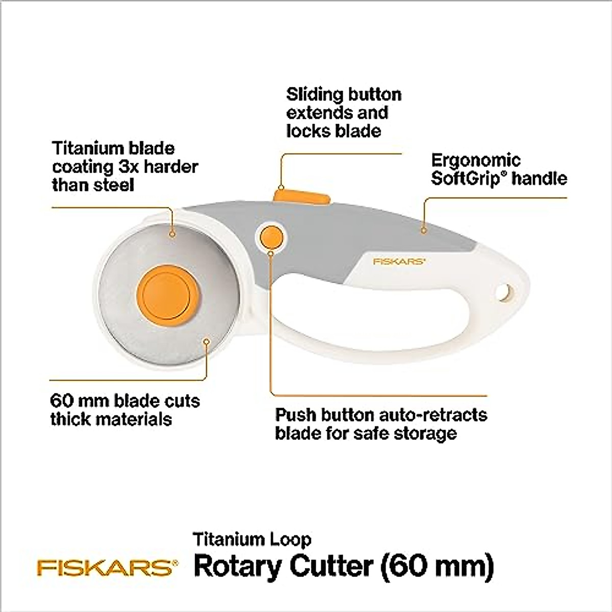 Fiskars 60mm Rotary Cutter for Fabric - Titanium Rotary Cutter Blade - Craft Supplies - Crafts, Sewing, and Quilting Projects - White