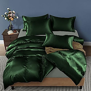 Horbaunal 5 Pieces Satin Duvet Cover Set King Size Emerald Green Duvet Cover with Corner Ties & Zipper Closure, Luxury & Silky Bedding Set, 1 Duvet Cover and 4 Pillowcases (No Comforter)