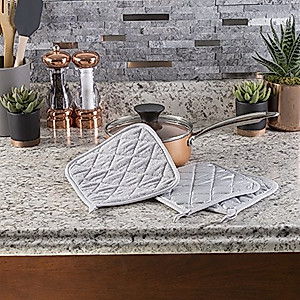 Pot Holder Set, 3 Piece Set of Heat Resistant Quilted Cotton Pot Holders by Lavish Home (Silver),White