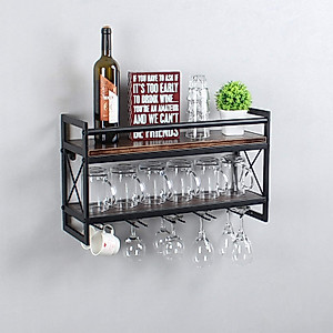 MBQQ Wine Rack Stemware Glass Rack,Industrial 2-Tier Wood Shelf,36" Wall Mounted Wine Racks with 8 Stem Glass Holder for Wine Glasses,Mugs,Home Decor,Black