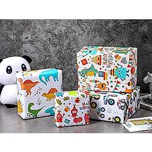 Camkuzon Birthday Wrapping Paper for Boys, Girls, Kids. 4 Cute Design Includes Monster,Car,Dinosaur.Gift Paper for Holiday,Party,Baby Shower-1 Pack Contains 10 Sheets-20 inch X 30 inch Per Sheet ,Folded Flat, Not Rolled