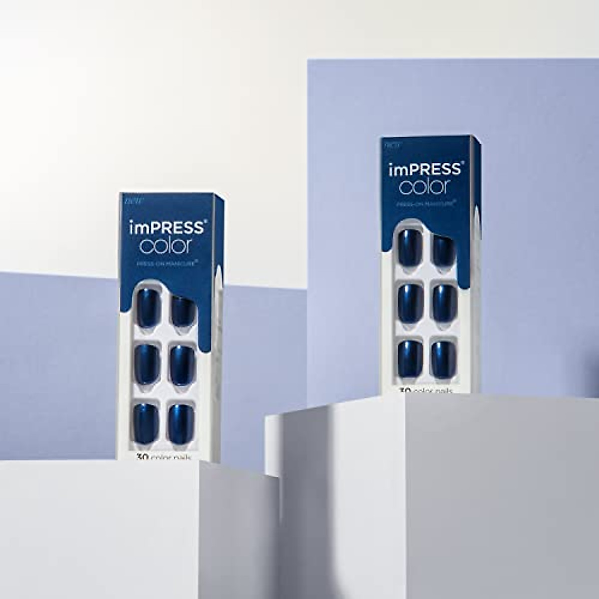 KISS imPRESS Color Press-On Nails, Nail Kit, PureFit Technology, Short Length, “Never Too Navy”, Polish-Free Solid Color Manicure, Includes Prep Pad, Mini Nail File, Cuticle Stick, and 30 Fake Nails