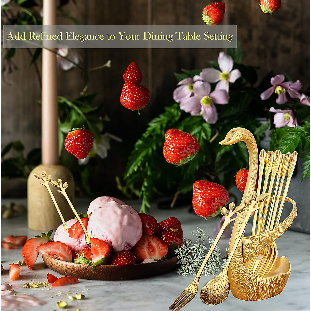 13 Piece Gold Mini Spoons and Forks with Swan Spoon Holder Small Spoons for Dessert Appetizer Spoons Stainless Steel Gold Serving Spoons Utensils ​for Coffee Tea Party Dessert Table