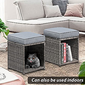JOIVI 2 Pieces Outdoor Patio Ottoman, All Weather Rattan Wicker Ottoman Set, Outdoor Footstool Footrest Seat with Removable Cushions Storage Space, Grey