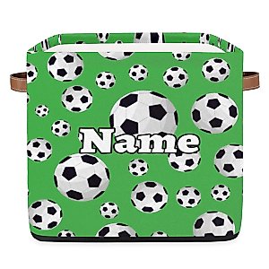 Sport Football Soccer Customs Cube Storage Bins with Name, Soccer Ball Personalized Storage Baskets for Organizing Toys, Shelves, Closet, Fabric Storage Boxes with Handles