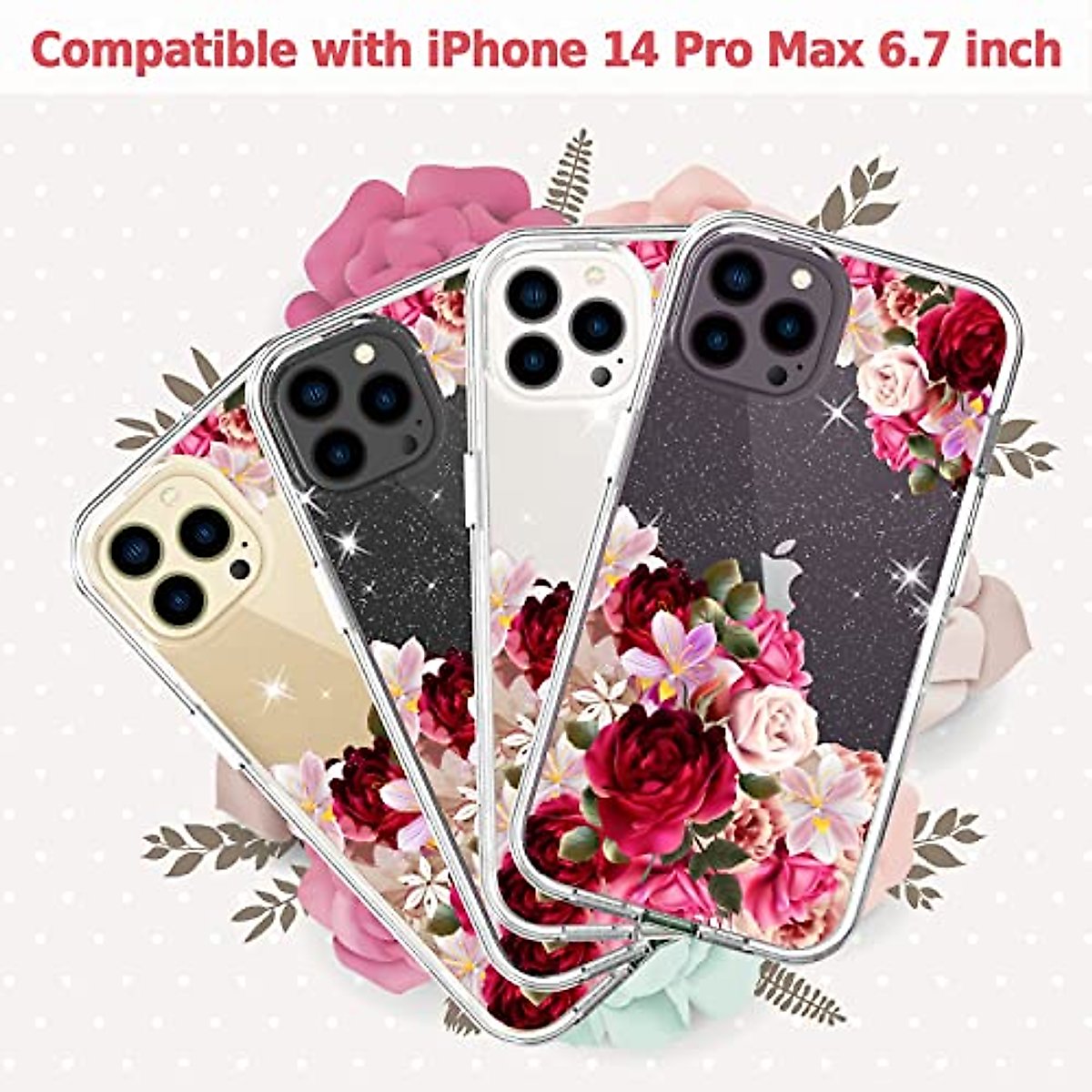 ACKETBOX for iPhone 14 Pro Max Case with Screen Protector + Camera Lens Protector and Ring Bracket，PC Back Case + Front Cover and TPU Phone Case Cover for iPhone 14 Pro Max (Flowers)