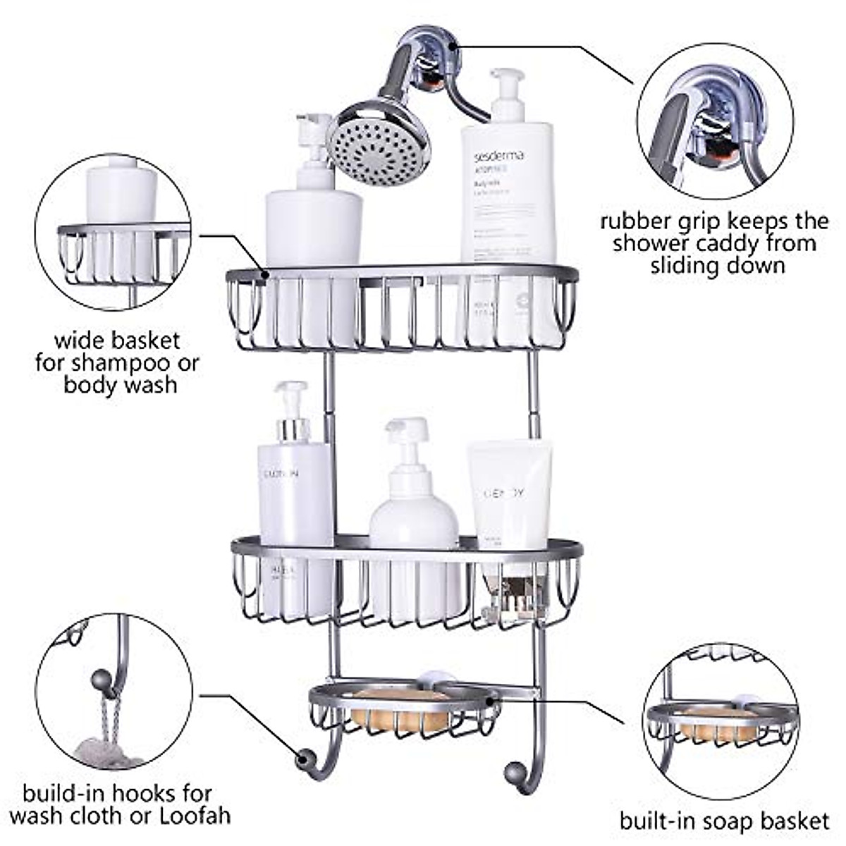 Lycklig Rust-Proof Shower Caddy over Shower Head Aluminum Shower Caddy, Hanging Shower Caddy with Extra Basket for Soap and 2 Hooks for Bath Loofah, Gray