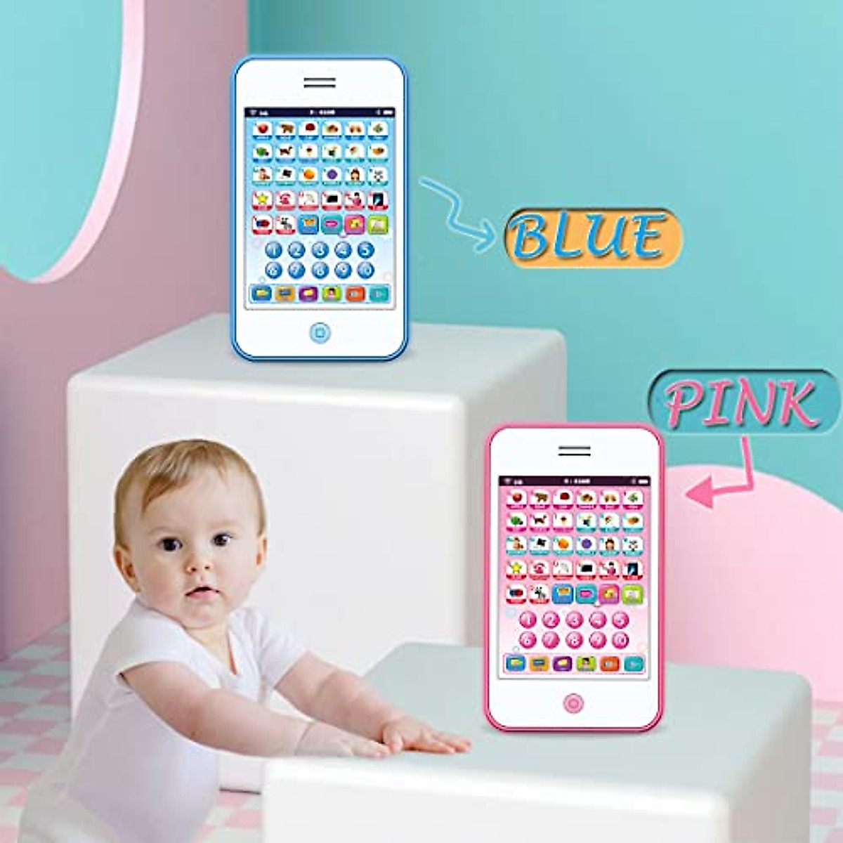 GAGINAN Baby Phone /Kids Tablet Learn Alphabets Words Numbers Music ABC Learning for Toddlers Educational Toy for 3Years+ (Blue)