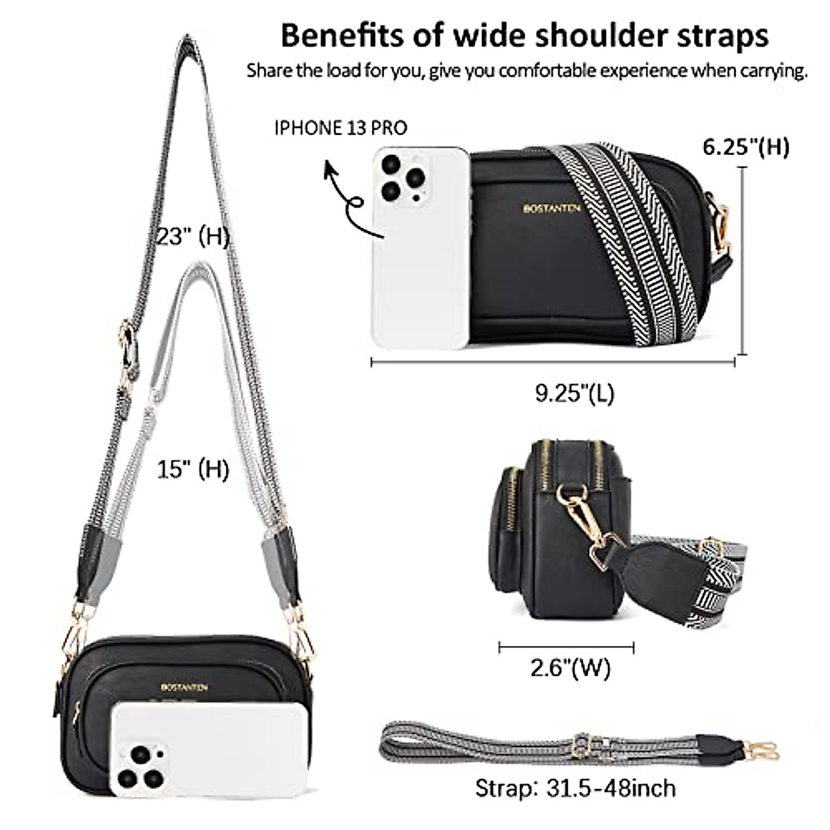 BOSTANTEN Crossbody Bags for Women Leather Cell Phone Purse Shoulder Handbags with Wide Strap Black