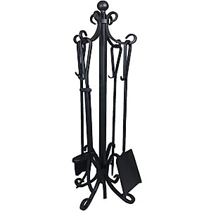 Fireplace Toolset – 5 Piece Fireplace Toolset – Strong Cast Iron Toolset – Accessories include Tong, Shovel, Base, Poker and Brush – Sturdy well balanced Stand to hold all Tools and Accessories