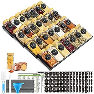 Spice Drawer Organizer, Spice Rack with 28 Spice Jars, 386 Labels, Marker & Funnel, 4 Tier Heavy Gauge Steel Seasoning Organizer Tray for Kitchen Drawer, Cabinets, Countertop, 13.4" Wide x 18.7" Deep