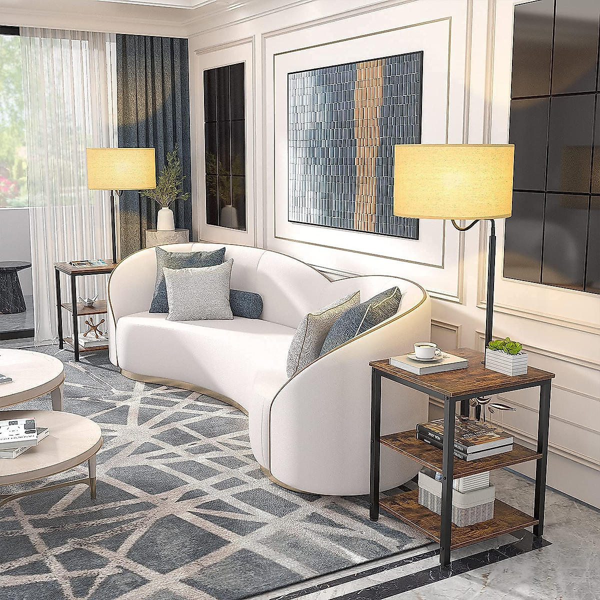 AntLux LED Floor Lamp with End Table - USB Charging Port, Power Outlet, Bedside Table with Shelves, Rustic Night Stand with Industrial Floor Light for Living Room, Bedroom, Guest Room, Edison Bulb