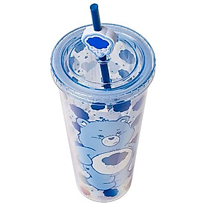 Silver Buffalo Care Bears Grumpy Bear Glitter Plastic Cold Cup with Lid and Straw Topper, 24 Ounces