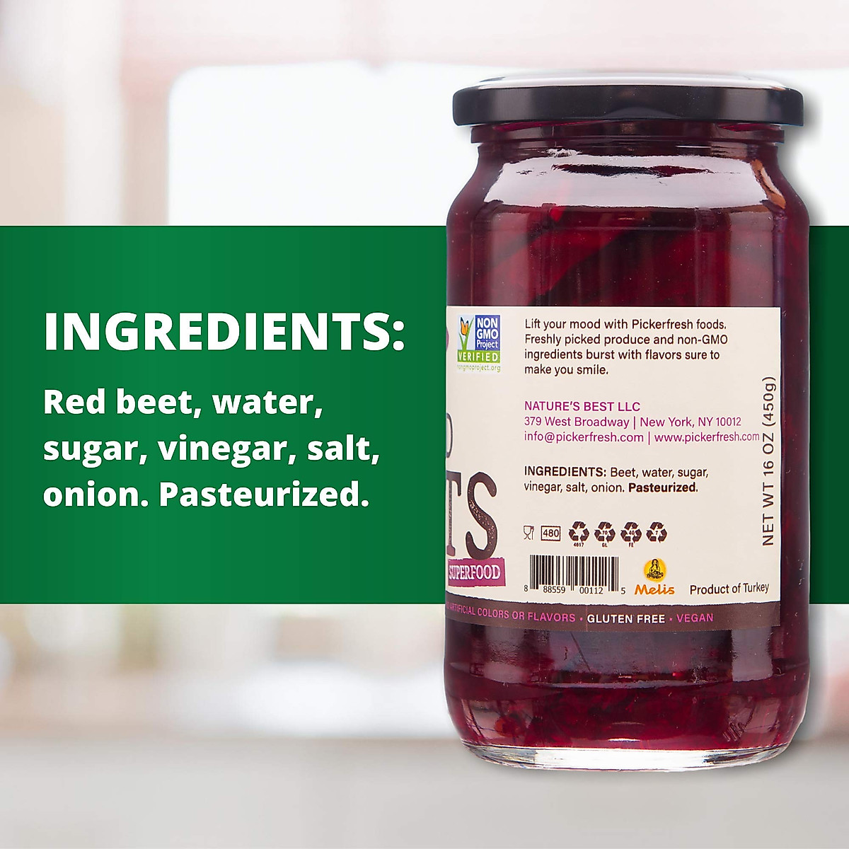Pickerfresh Pickled Beets, 16 Oz, Pack of 3, 100% Natural and Certificated Crinkle Cut Sliced Beetroot, No Artificial Color, and No Preservatives, Non-GMO, Gluten Free, Kosher, Ready to Eat