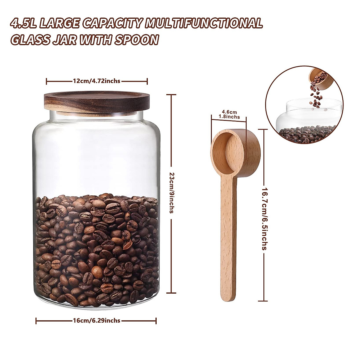Large Glass Coffee Storage Jar with Lids Spoon Thicken Glass Coffee Canister Borosilicate Glass Food Containers for Ground Coffee Beans Nut Pasta Sugar Candy Spice Rice Loose Tea (4500ml/152oz)