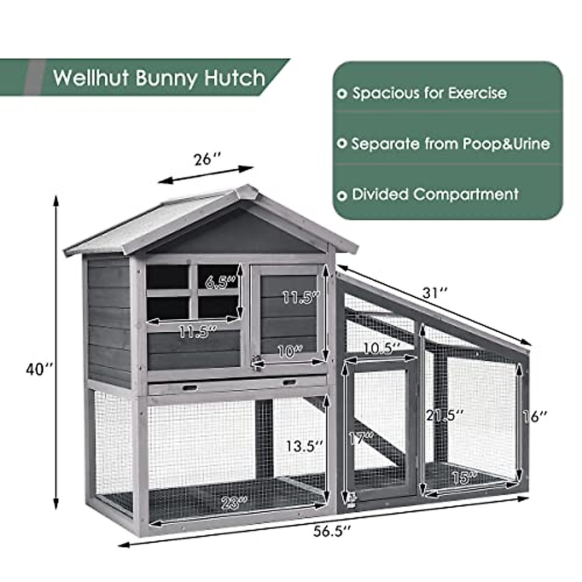 HAPPAWS Rabbit Hutch Cage w/Hay Feeder, 58 Inch Bunny Cage Condo Wooden Quail Chicken Coop, Indoor Outdoor Hen Pet House w/Removable Tray, Ramp, Waterproof Roof, Lockable Doors for Small Animals