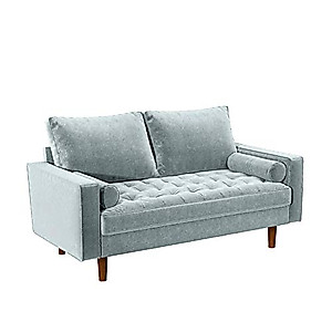 Container Furniture Direct Womble 58 Inch Velvet Loveseat Sofa with Elegant Button Tufted Upholstery, Square Arms, Splayed Wood Legs, Includes Matching Bolster Pillows, Steel Blue