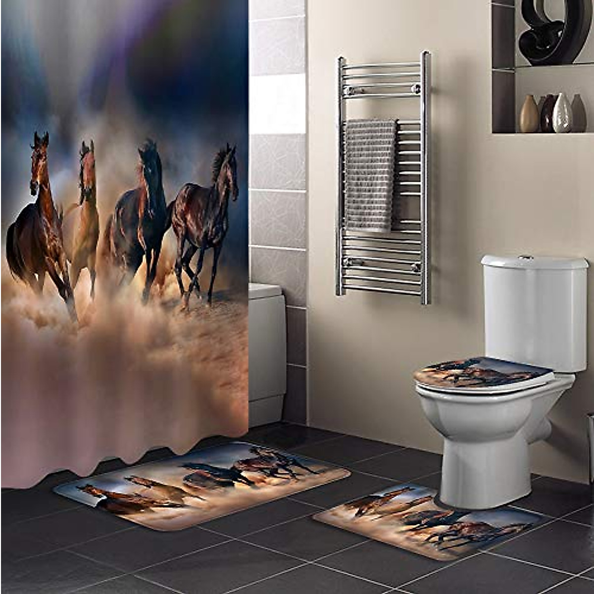 FAMILYDECOR 4 Piece Shower Curtain Sets with Non-Slip Rug, Toilet Lid Cover and Bath Mat, Horses Galloping Fast on The Ground Shower Curtain with Hooks, Durable Waterproof Bath Curtain 36x72 Inch