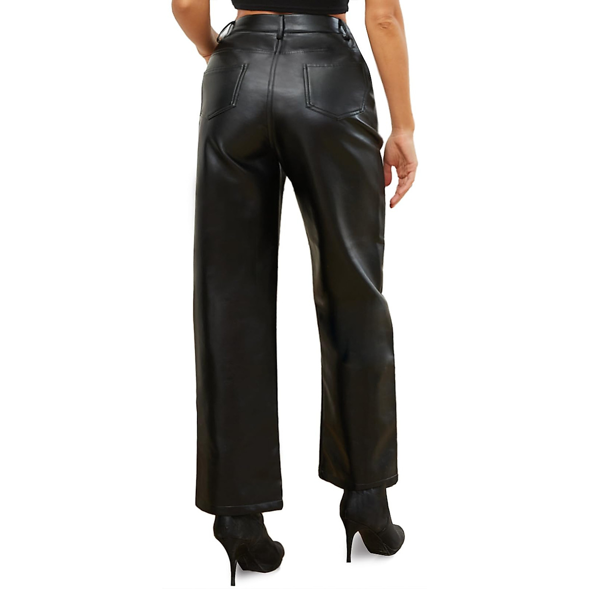 DALLNS Women Black Faux Leather High Waisted Straight Leg Vegan Matte Leather Business Pant Trousers Pu Bottoms Office Concert Outfits Black-S