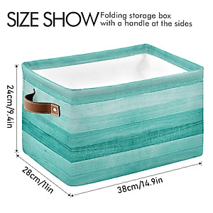 susiyo Large Foldable Storage Bin Turquoise Green Wooden Fabric Storage Baskets Collapsible Decorative Baskets Organizing Basket Bin with PU Handles for Shelves Home Closet Bedroom Living Room-2Pack