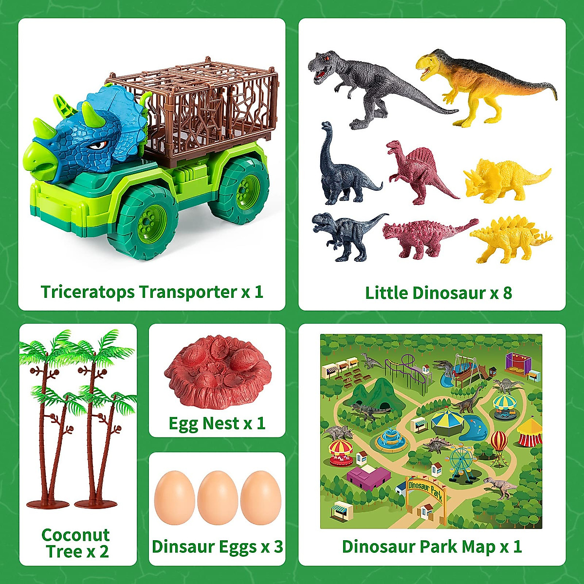 MAGICDINOSAUR Triceratops Dinosaur Truck Toy for Kids 3+ Years, Large Vehicle Carrier Car Toys, Monster Truck with Cage, Dino Eggs, Jurassic Dino Figures and Play Mat, Gift for Boys